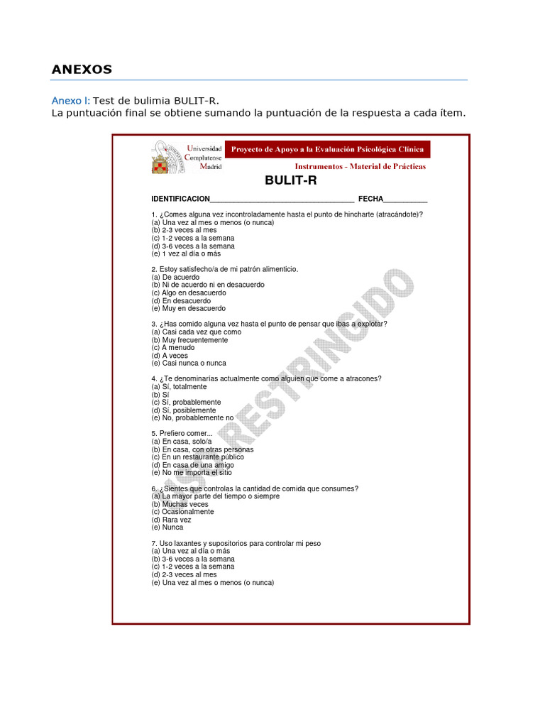 Test de Bulimia BULIT-R: Evaluación y Puntuación | PDF | Psicología ...