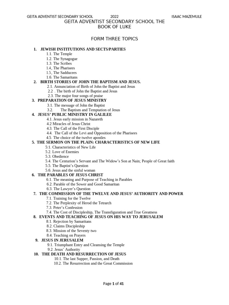 Bible Knowledge Topics for Form Three | PDF | Jesus | John The Baptist