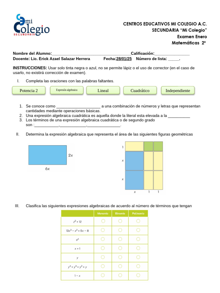 Examen Matemáticas 2 Colegio Enero | PDF