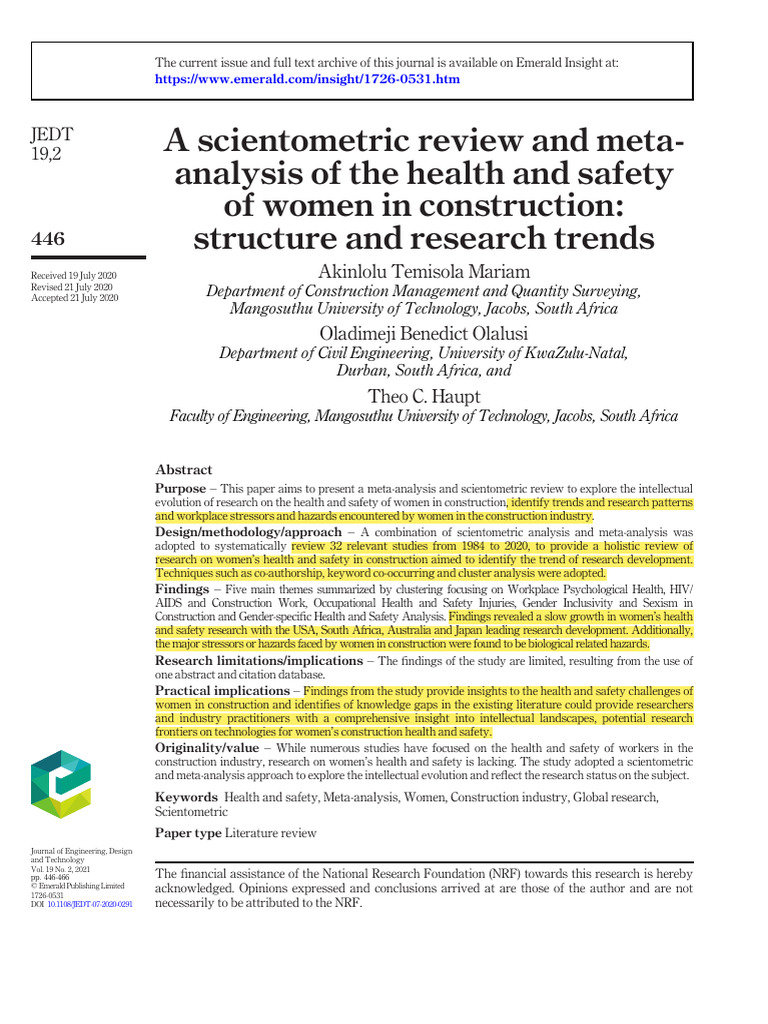 A Scientometric Review and Meta Analysis of Hte Health and Safety of ...