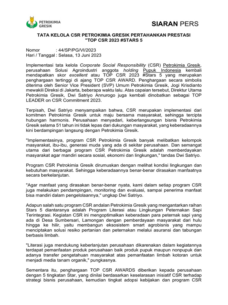 Tata Kelola CSR Petrokimia Gresik Pertahankan Prestasi 22top CSR 2023 Stars 5 | PDF