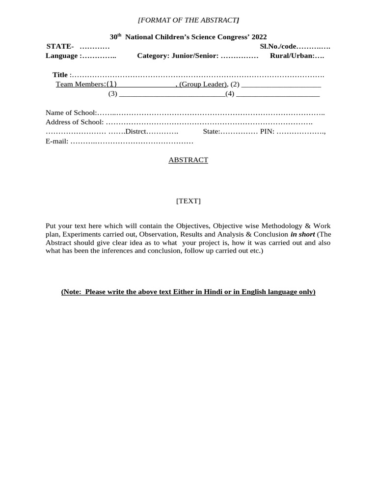 National Children's Science Congress 2022 Abstract | PDF