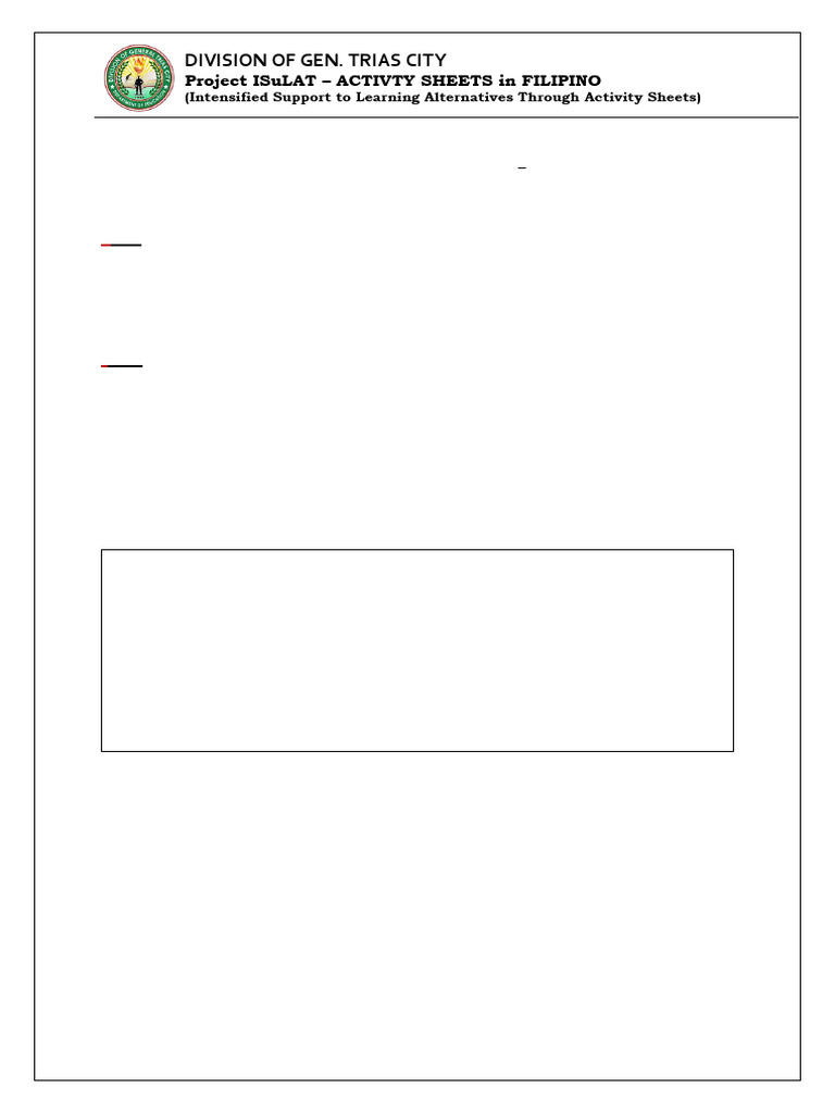Division of Gen. Trias City: Project Isulat Activty Sheets in Filipino | PDF