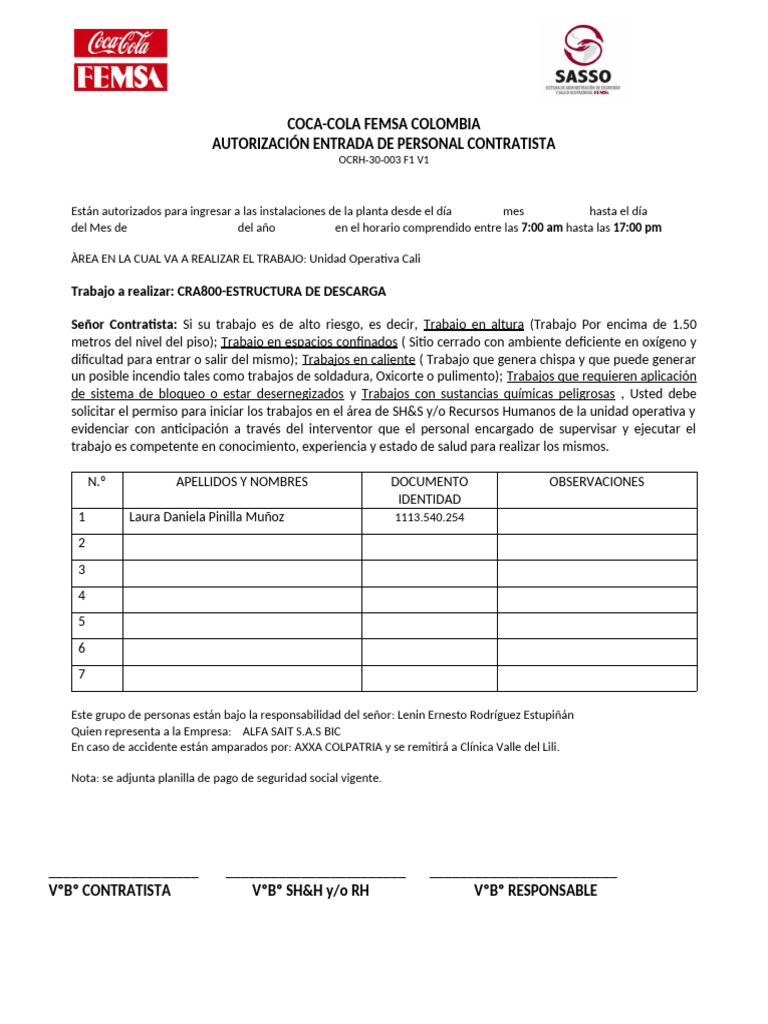Autorización de Personal Contratista en Coca-Cola FEMSA | PDF