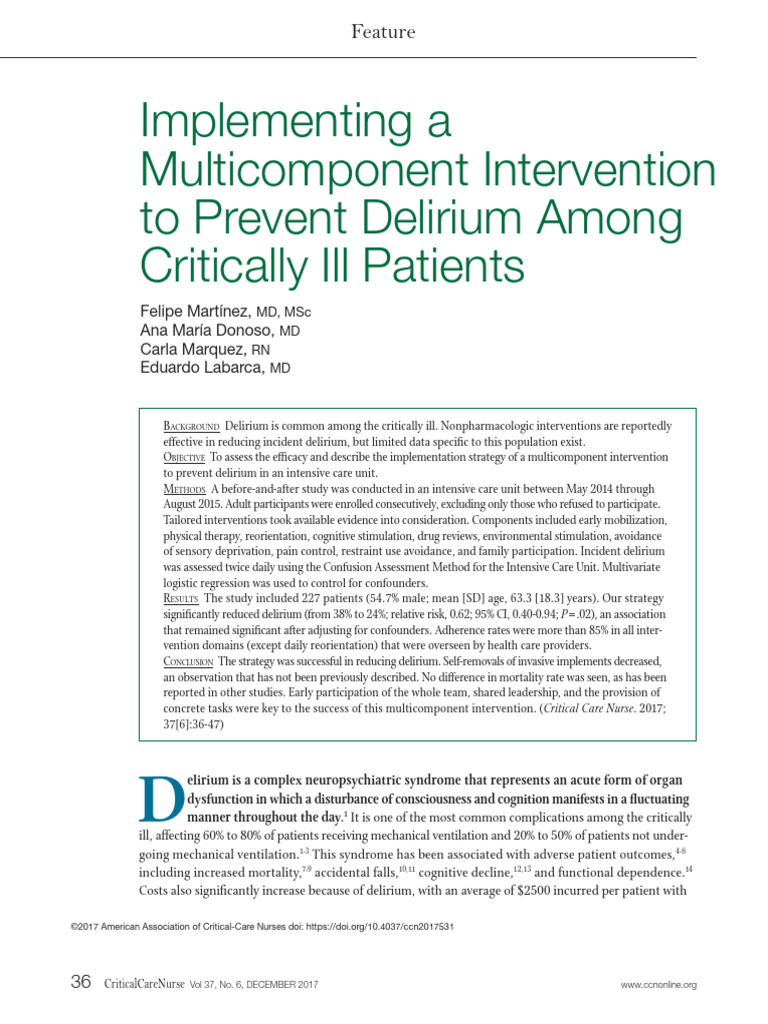 Implementing a multicomponent intervention to prevent delirium | PDF | Intensive Care Medicine ...
