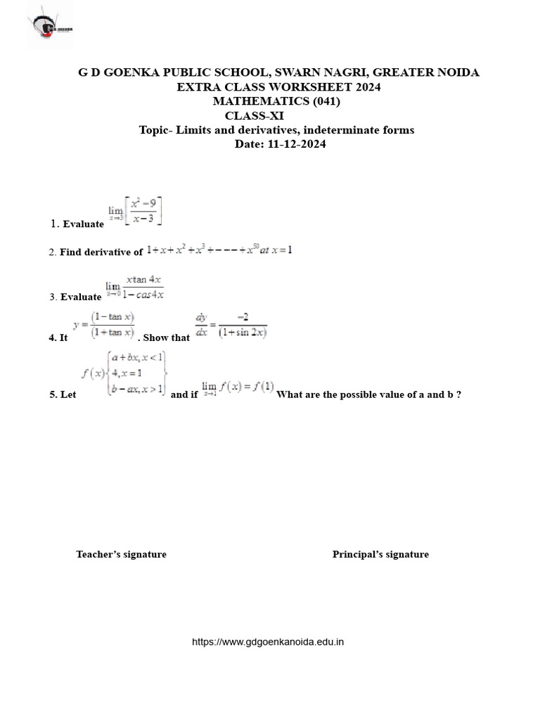 Class XI Math Worksheet: Limits & Derivatives | PDF