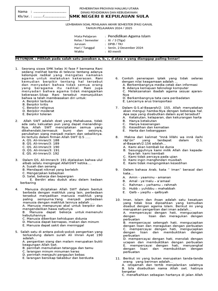 Form Soal Pas-Ganjil Kelas Xi-3 2023-2024 PKK | PDF