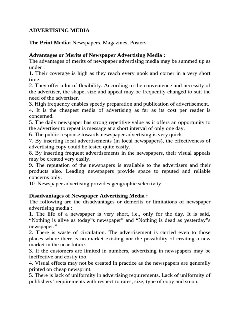 MCM 103 Advertising Media Note | PDF | Newspapers | Advertising