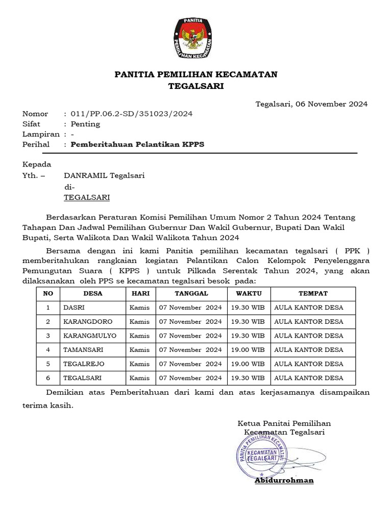 Pemberitahuan pelantiakan kpps DANRAMIL | PDF