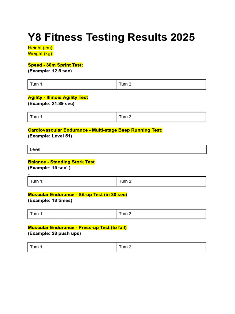 Y8 Fitness Test Record Sheet January 2025 | PDF