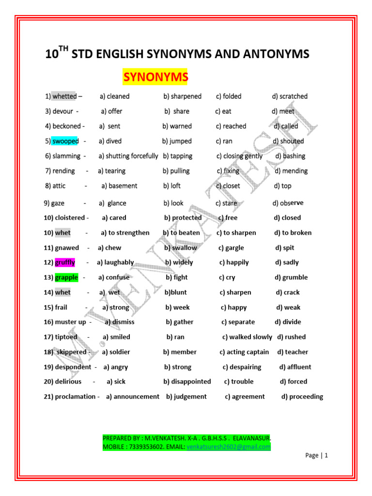 10th Std English Synonyms & Antonyms | PDF