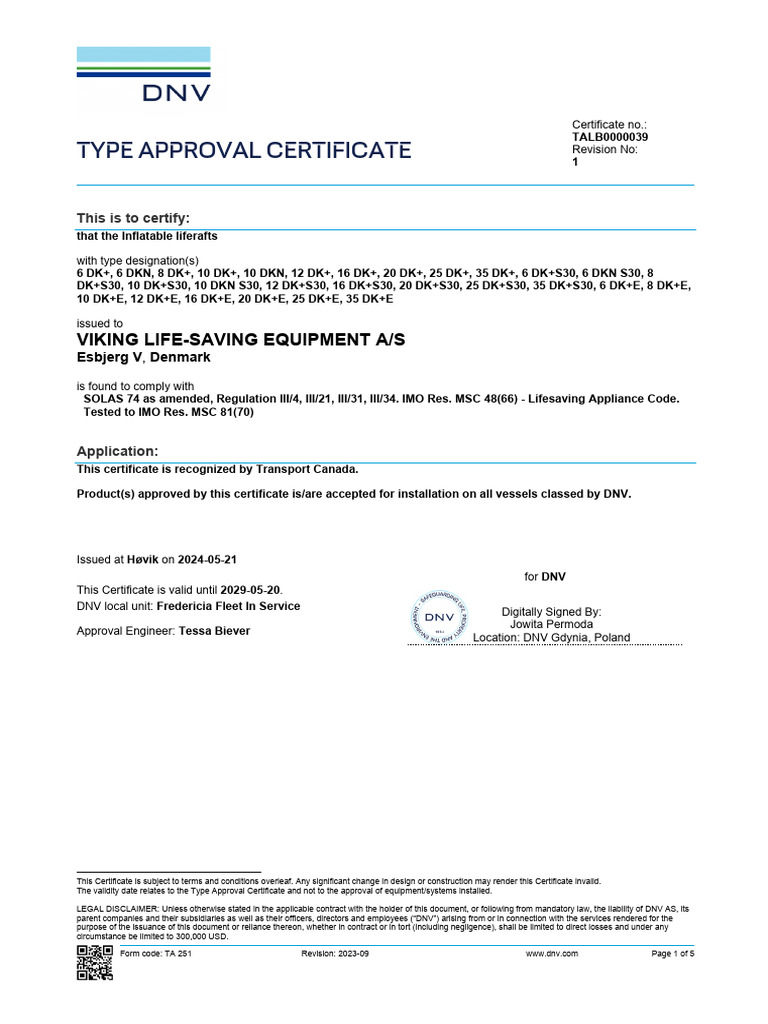 Viking Type Approval Certificate | PDF