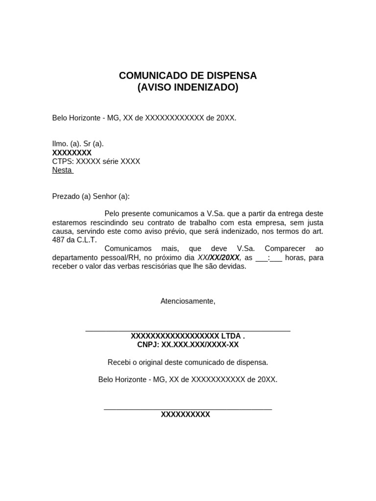 Comunicado de Dispensa-Av Indenizado (Modelo) | PDF