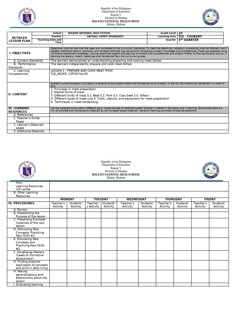 Grade 10 TLE Cookery Lesson Plan | PDF | Teachers | Pedagogy