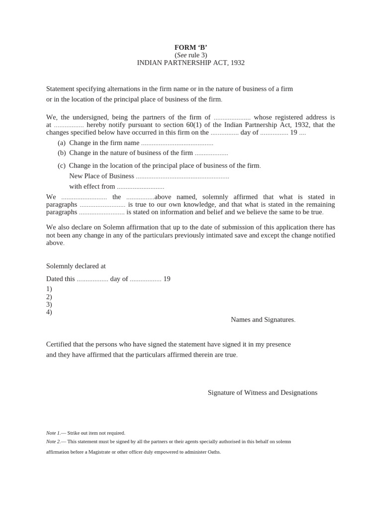 Indian Partnership Act Form B Changes | PDF