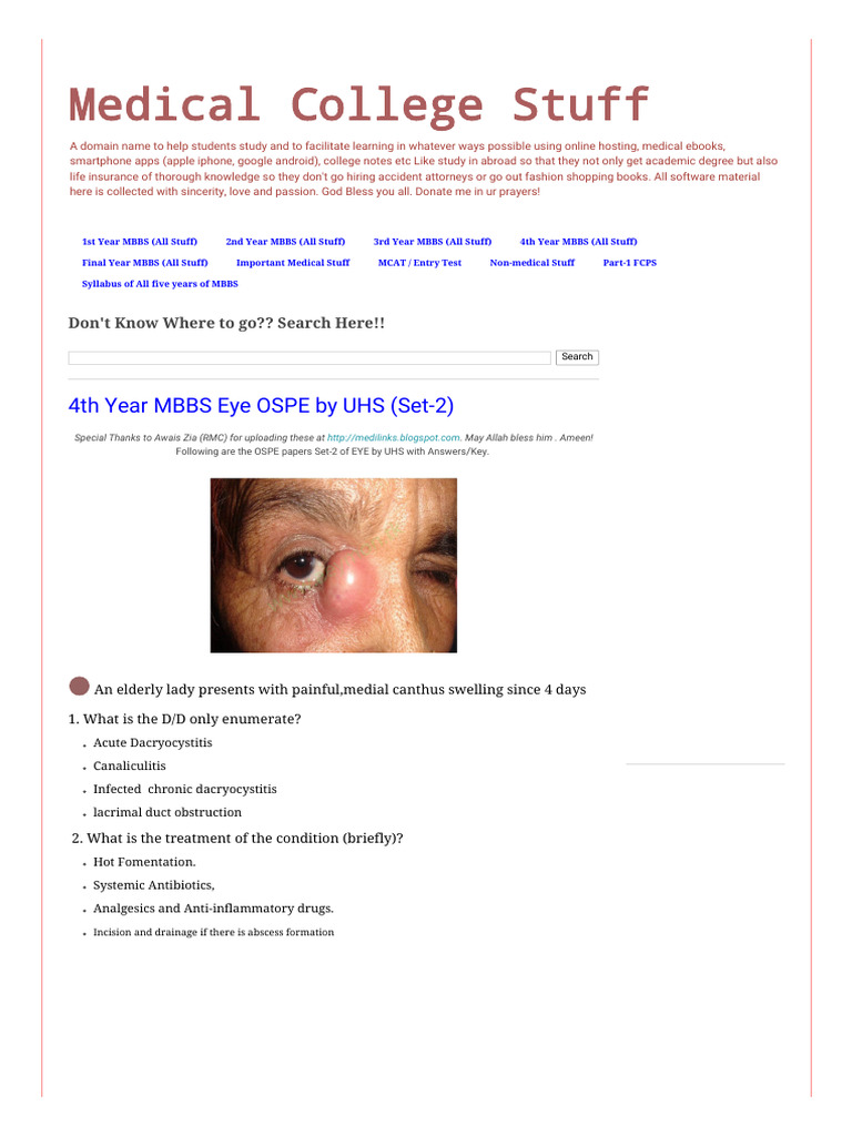 4th Year MBBS Eye OSPE Questions & Answers | PDF | Pathology | Visual ...