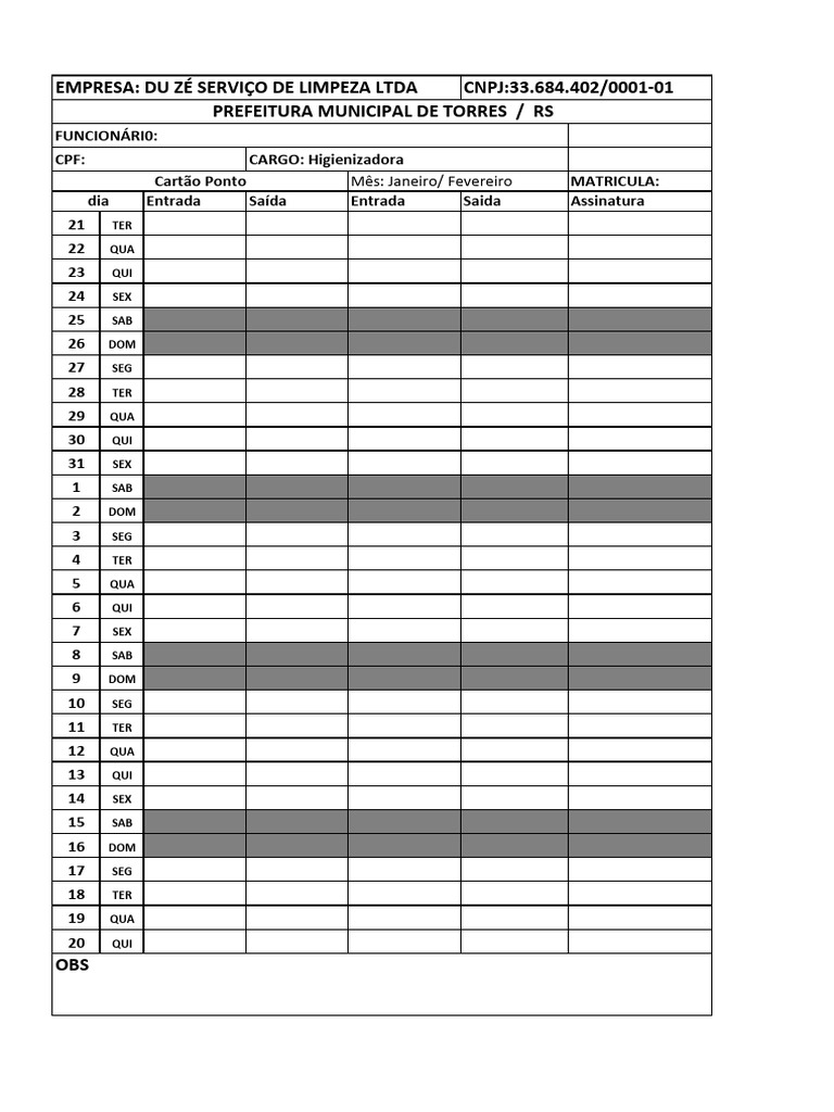 Cartão Ponto Higienizadora Jan/Fev | PDF