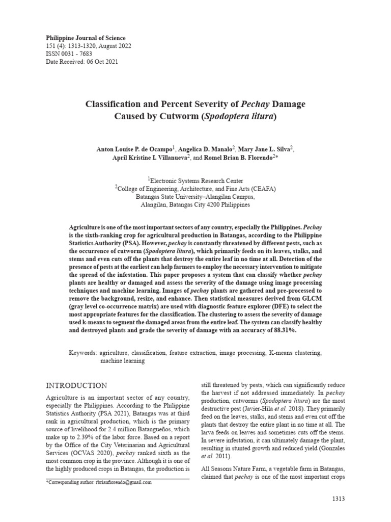 Classification and Percent Severity of Pechay Damage Caused by Cutworm ...