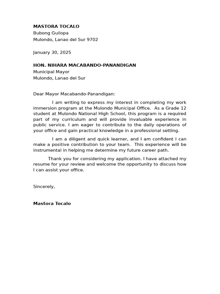 Mastora Application Letter | PDF