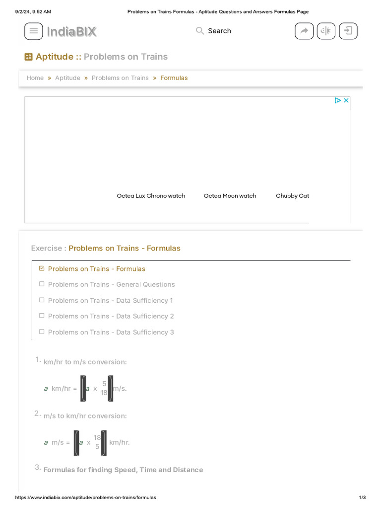 Problems on Trains Formulas - Aptitude Questions and Answers Formulas Page | PDF | Metre