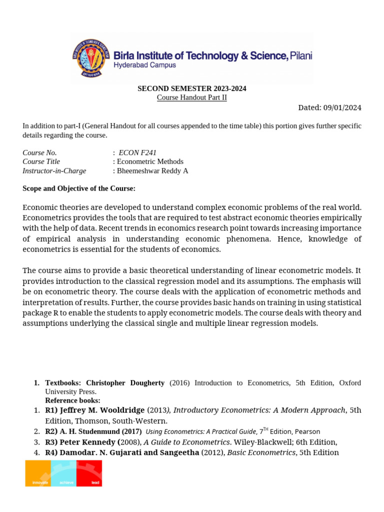 ECON F241 ECONOMETRIC METHODS L1 | PDF | Ordinary Least Squares | Linear Regression