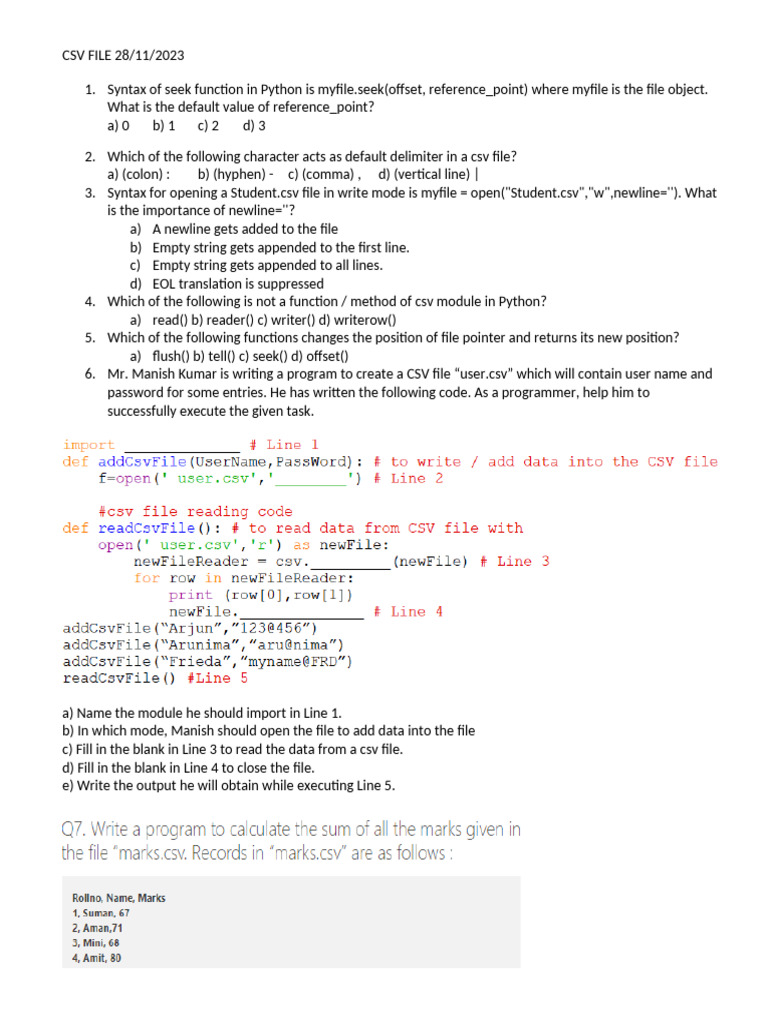 Python CSV File Handling Quiz | PDF