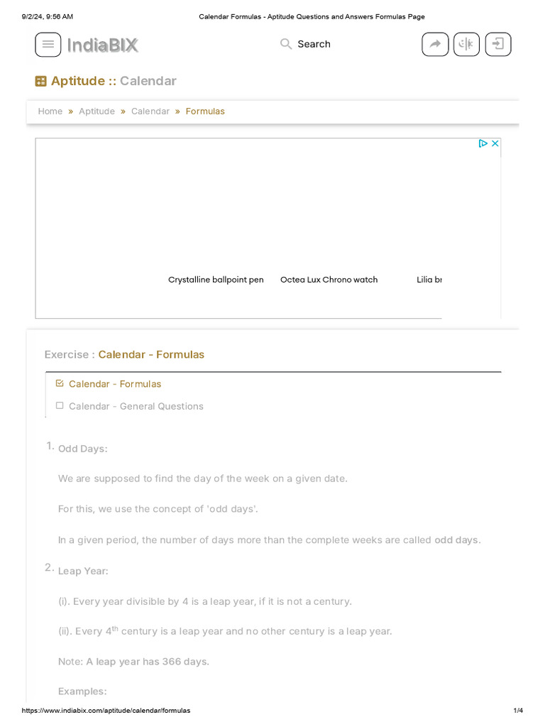 Calendar Formulas - Aptitude Questions and Answers Formulas Page | PDF