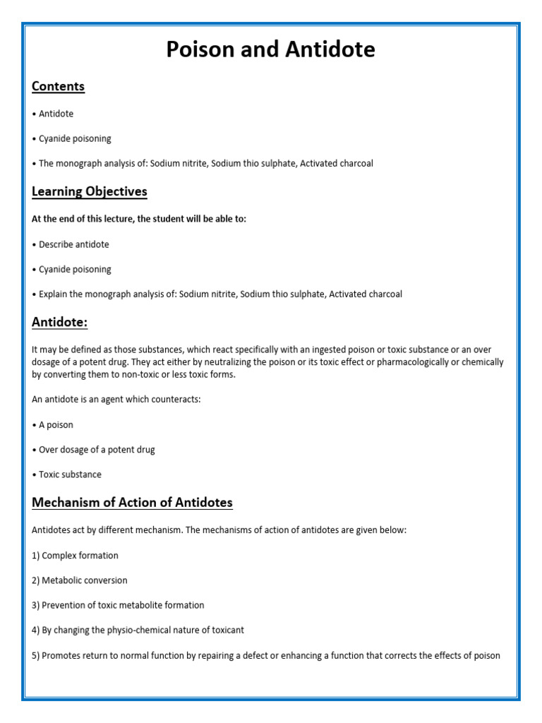 Antidotes for Poisoning: Cyanide & Metals | PDF | Cyanide | Poison