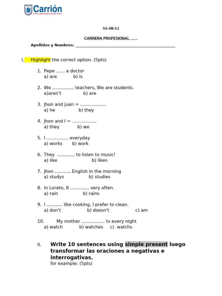 English Grammar Exercise Sheet | PDF