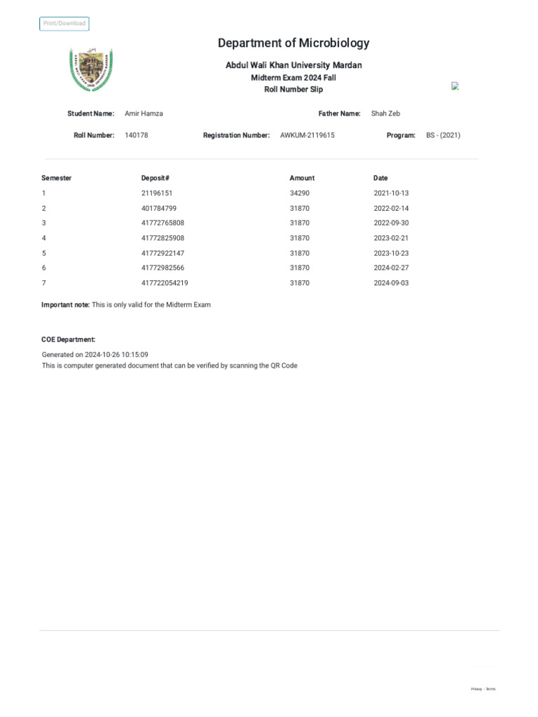 Exam Roll Noslip Mid7 | PDF