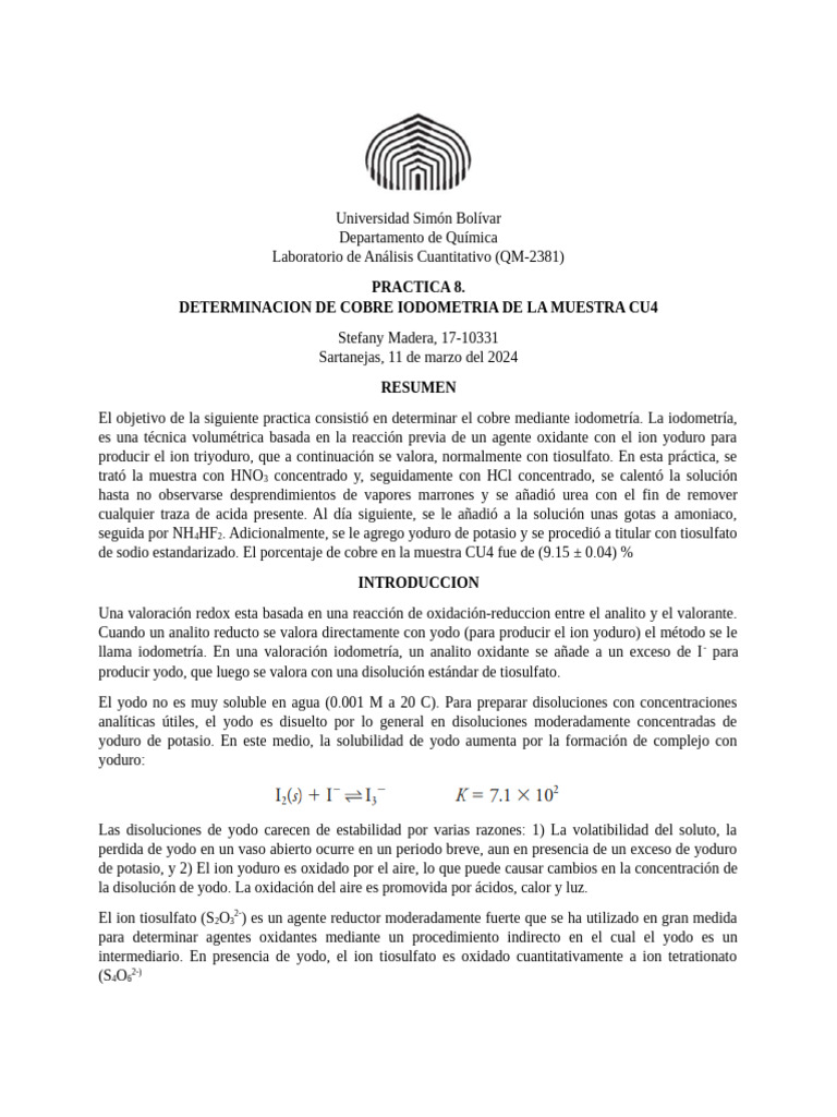 Determinacion de Cobre Por Iodometria | PDF | Almidón | Redox