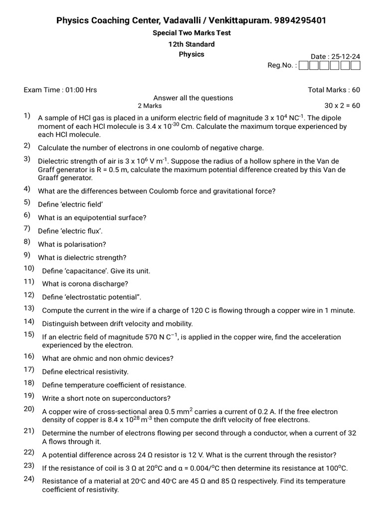 SKN - Class 12 - Unit 1 & 2 - Special Two Marks Test | PDF | Electric ...