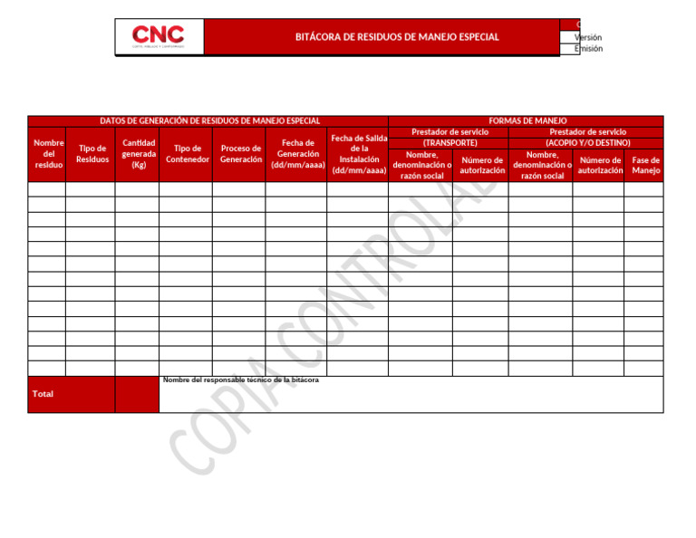 Cnc-For-Shma-044 Bitácora de Residuos de Manejo Especial | PDF