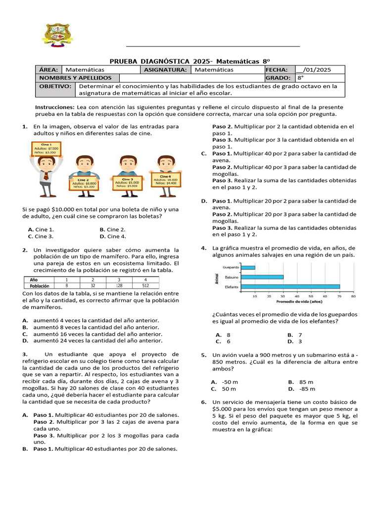 Prueba Diagnóstica Matemáticas 8° | PDF