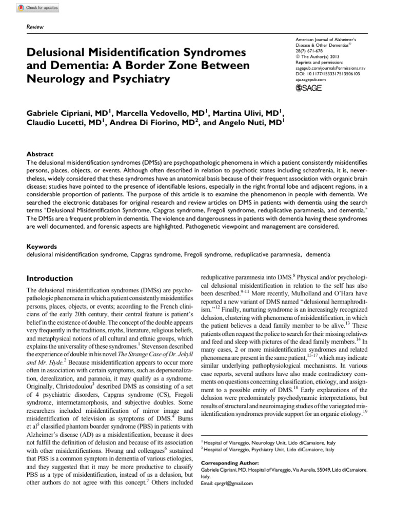 Cipriani Et Al 2013 Delusional Misidentification Syndromes and Dementia ...