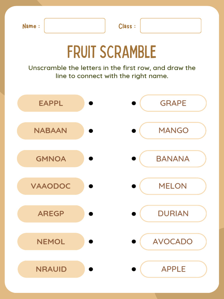 Beige Minimalist Fruit Scramble Worksheet | PDF