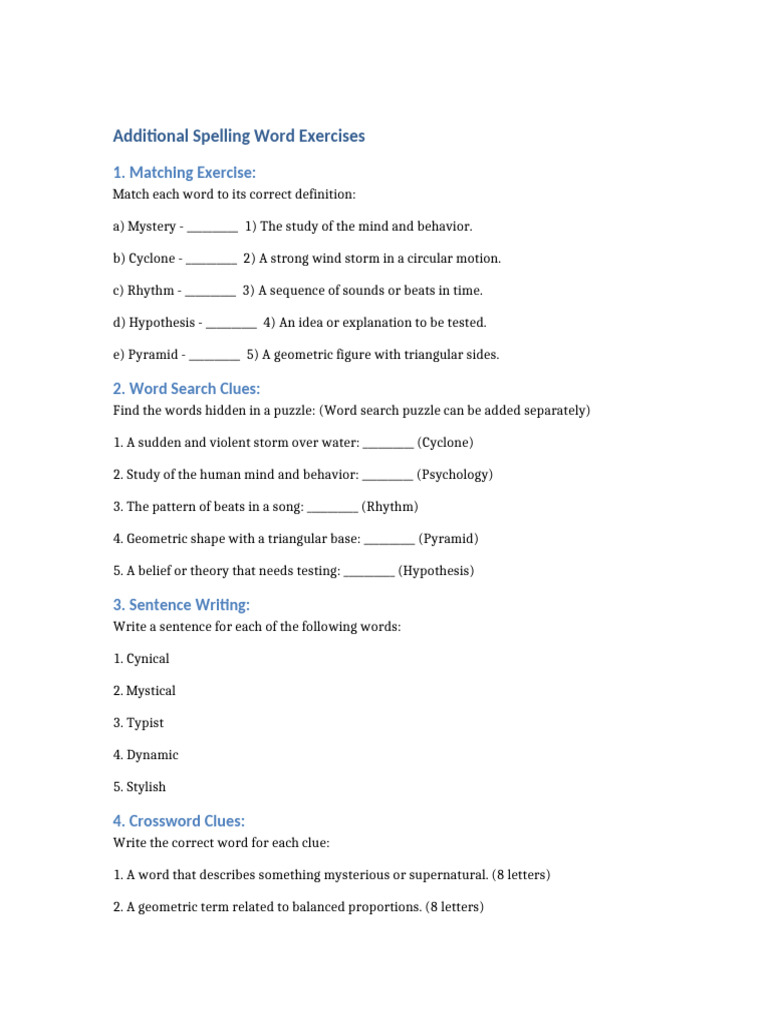 Additional SEA Spelling Word Exercises | PDF