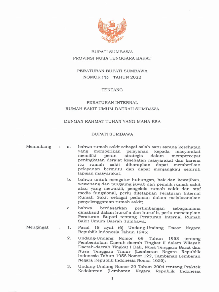 Perbup No 130 Tahun 2022 Tentang Peraturan Internal Rsud Sumbawa-1 | PDF