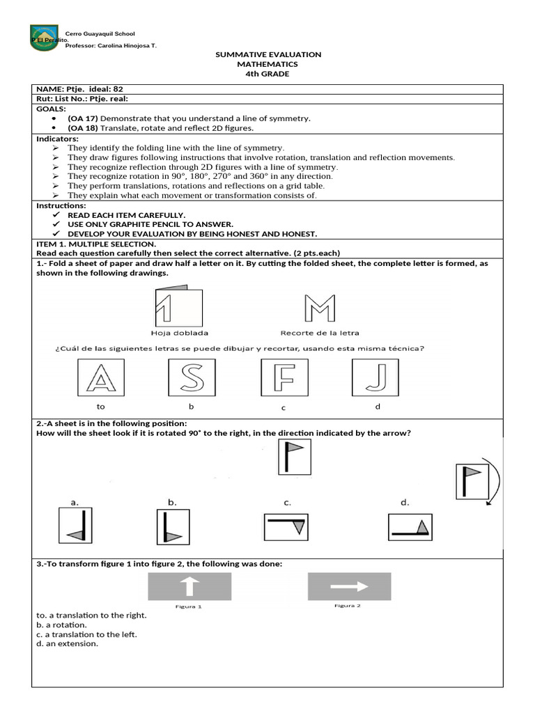 4th Grade Math Evaluation: Symmetry & Transformations | PDF | Shape ...