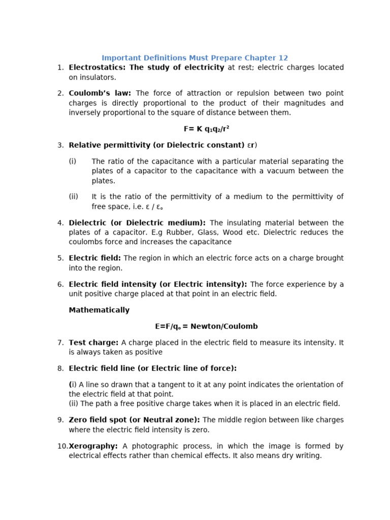 Key Electrostatics Terms Explained | PDF | Capacitance | Electric Field