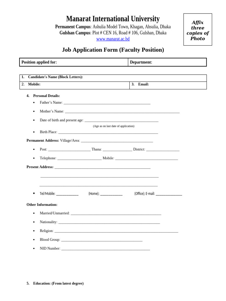 Job Application Form Faculty Position | PDF | Academia