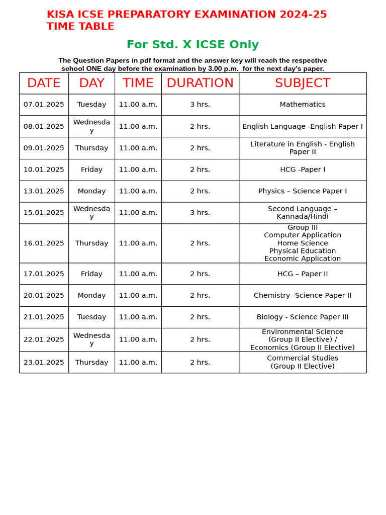 KISA ICSE - STD.X - Preparatory Time Table 24-25 | PDF
