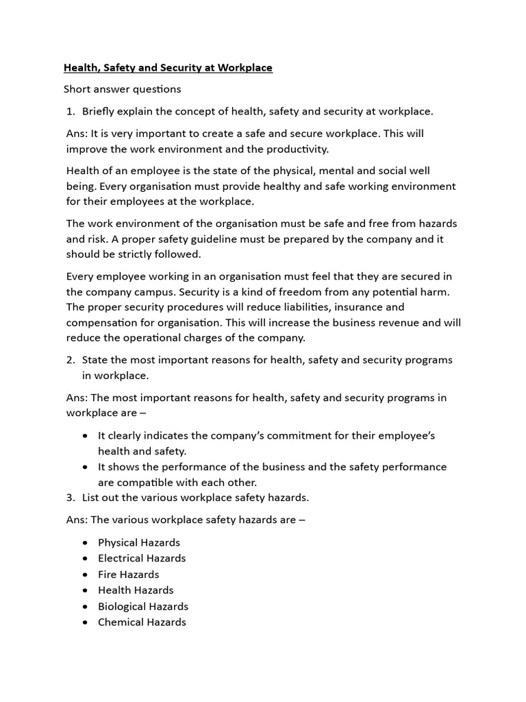 Maintaining Healthy, Safe and Secure Working Environment - Subjective ...
