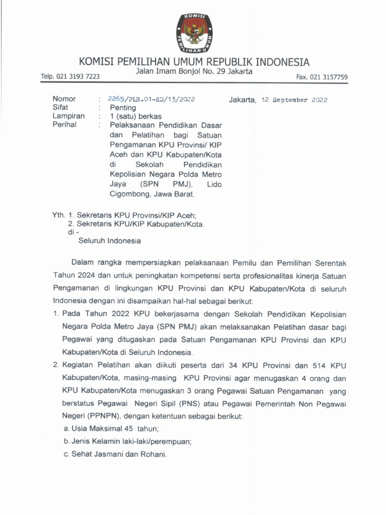 2265 Pelaksanaan Pelatihan Dasar Pengamanan KPU (Stampel) | PDF