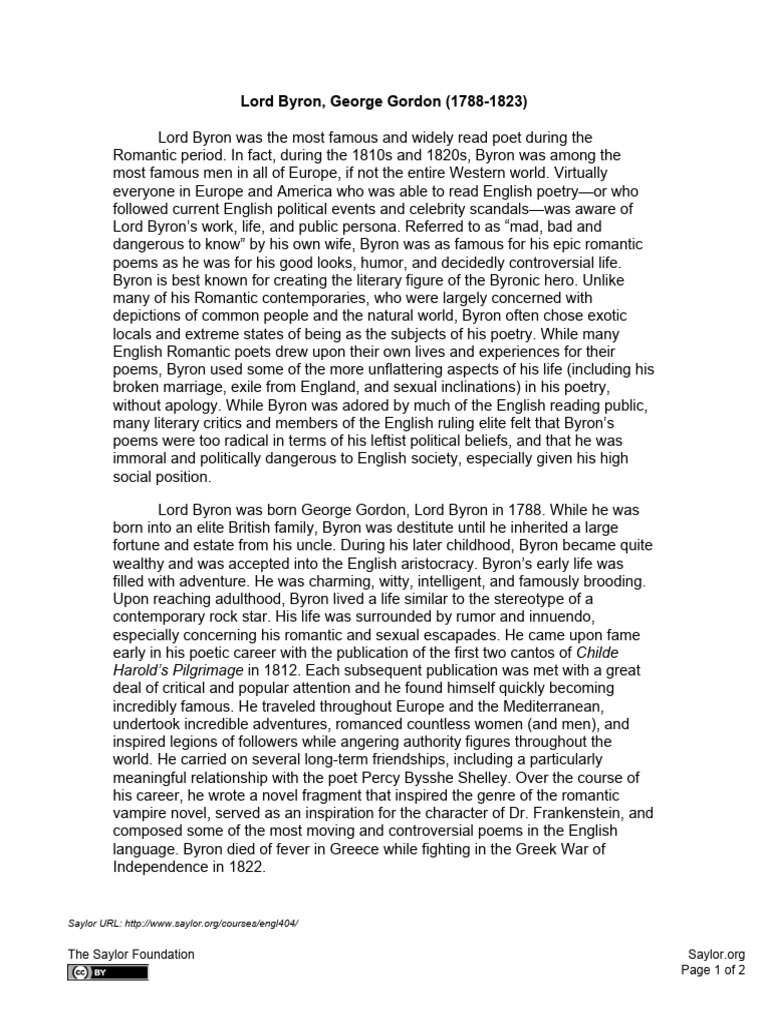ENGL404 Lord Byron Saylor | PDF | Lord Byron | Romanticism