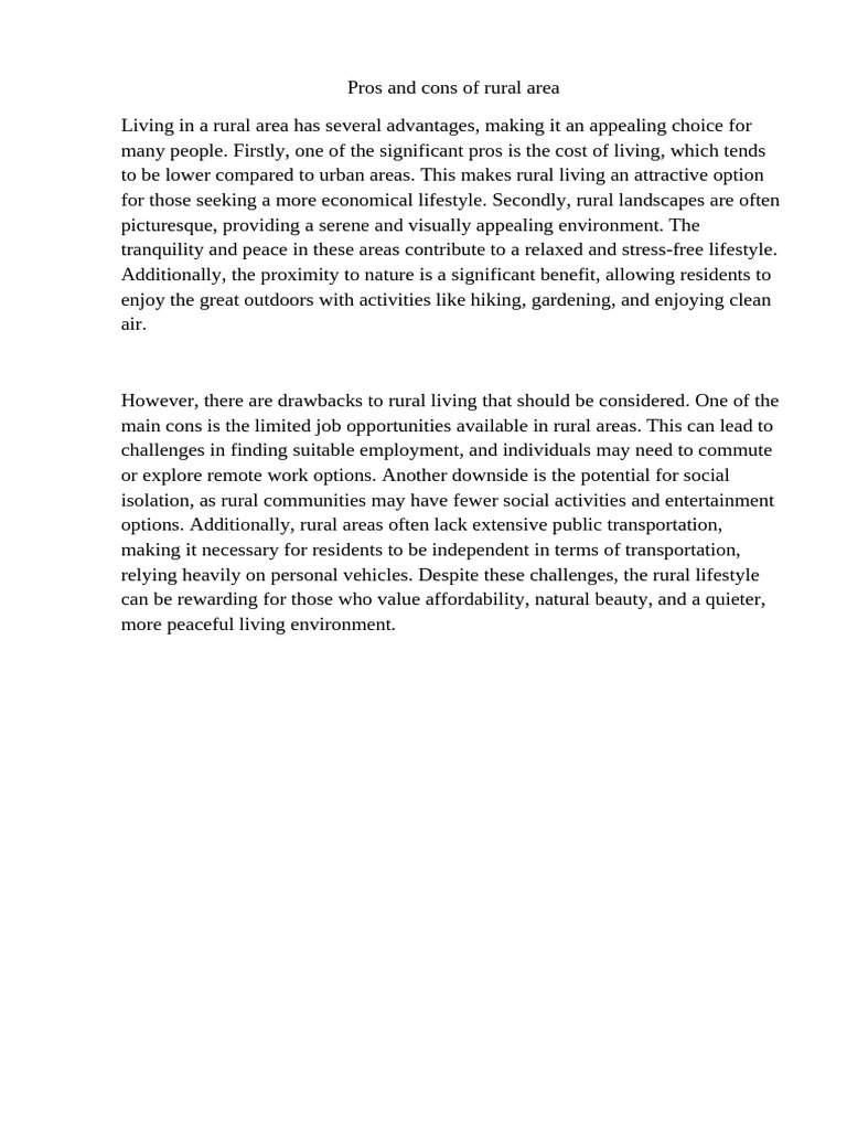 Pros and Cons of Rural Living | PDF