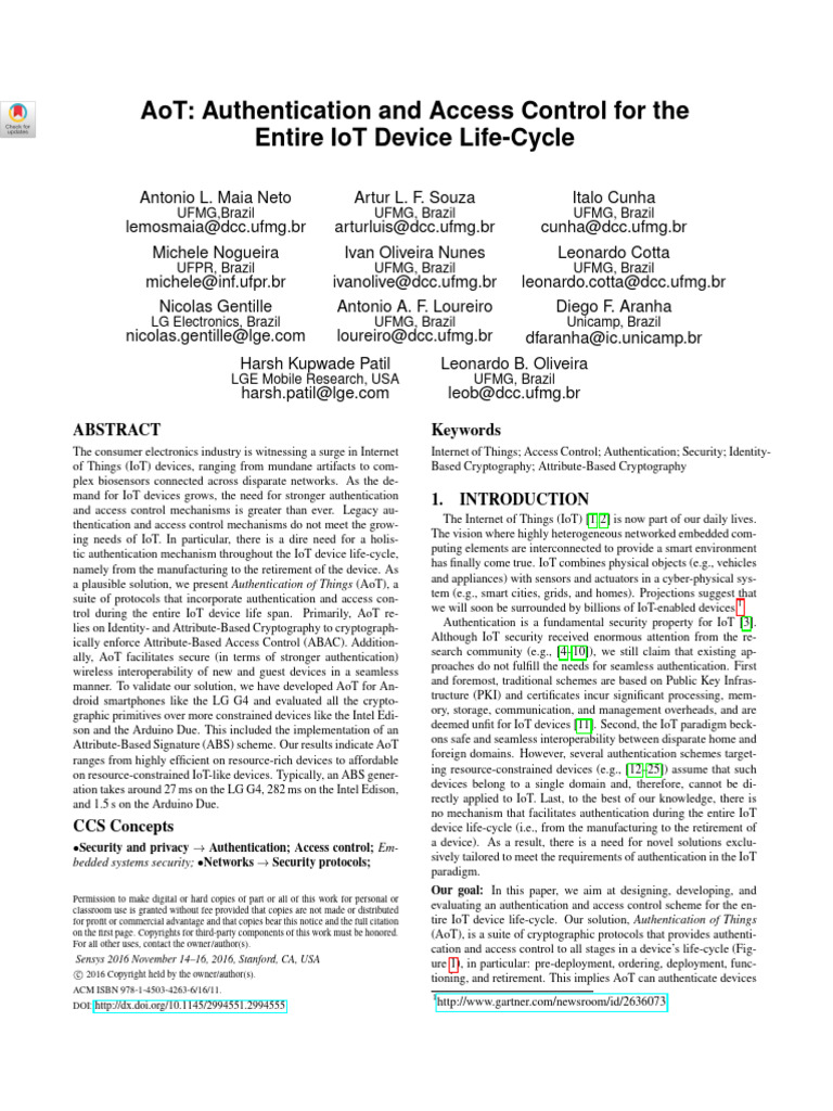 Aot: Authentication and Access Control For The Entire Iot Device Life-Cycle | PDF | Public Key ...