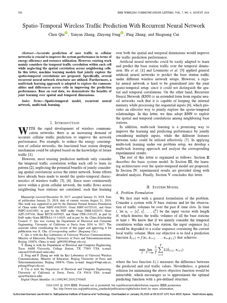 Spatio Temporal Wireless Traffic Prediction With Recurrent Neural