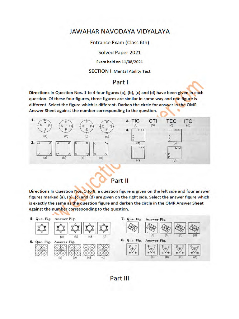 STD VI Jawahar Navodaya Vidyalaya Question Paper 2021 | PDF