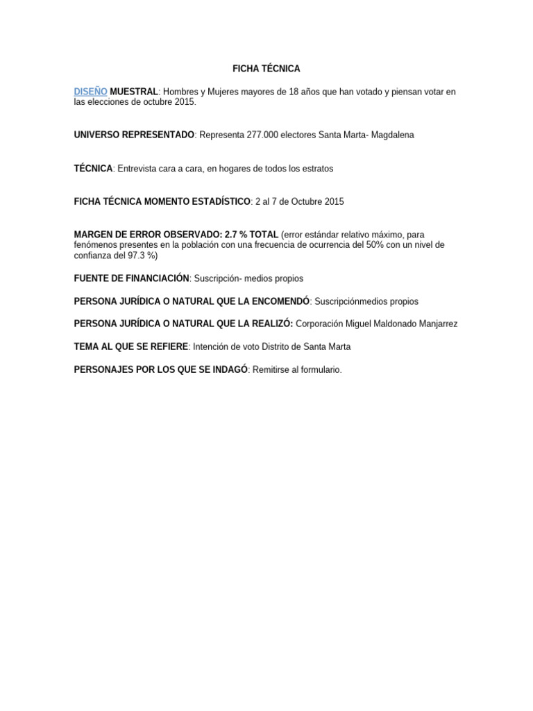 Encuesta Intención de Voto Santa Marta 2015 | PDF